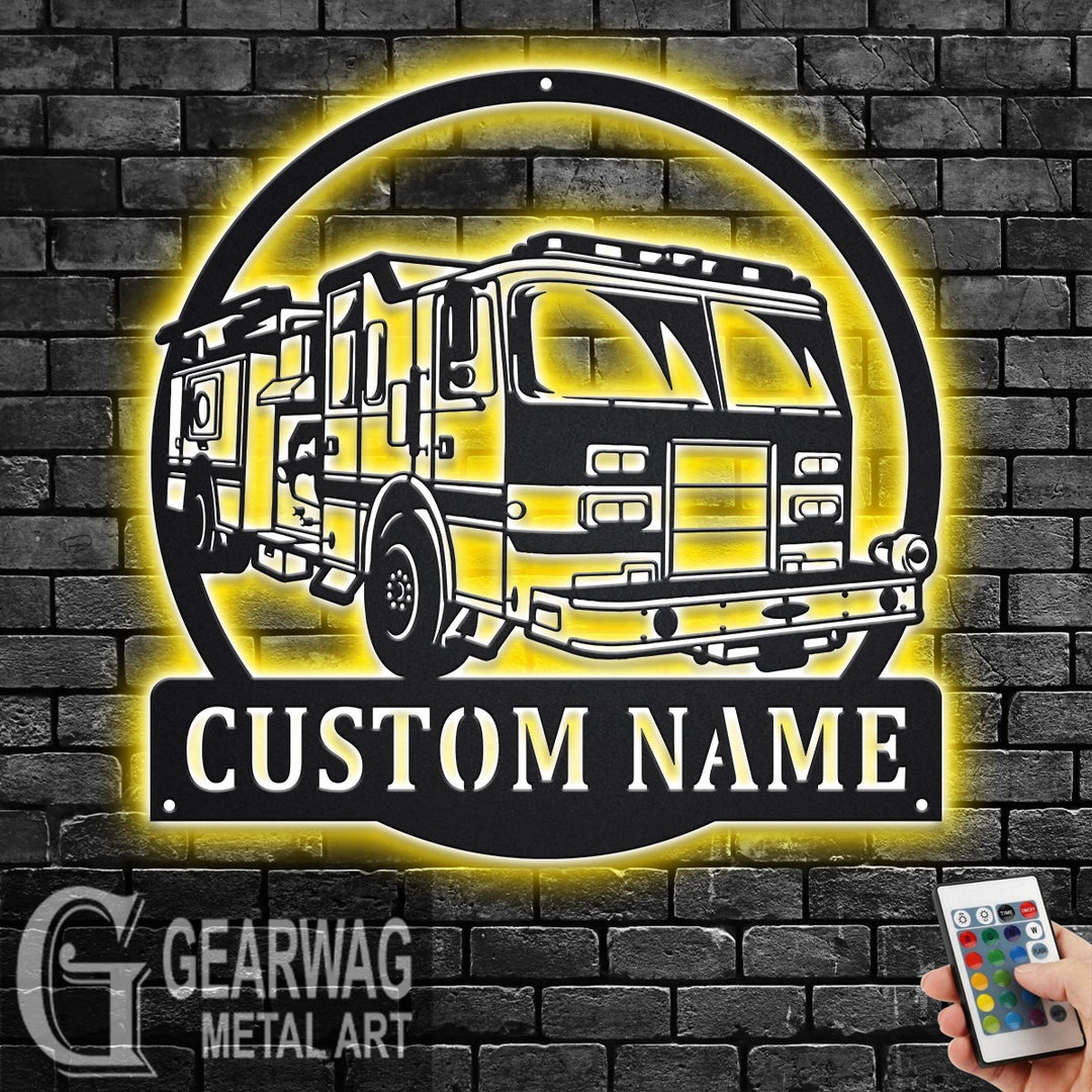 Custom Fire Truck Metal Wall Art With LED Light, Personalized Fire ...