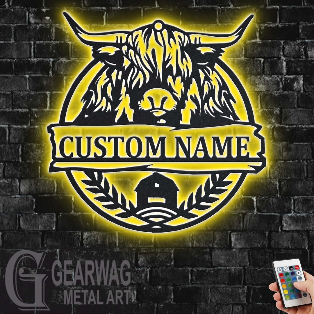 Custom Highland Cow Metal Sign With LED Lights: Personalized Farmhouse ...