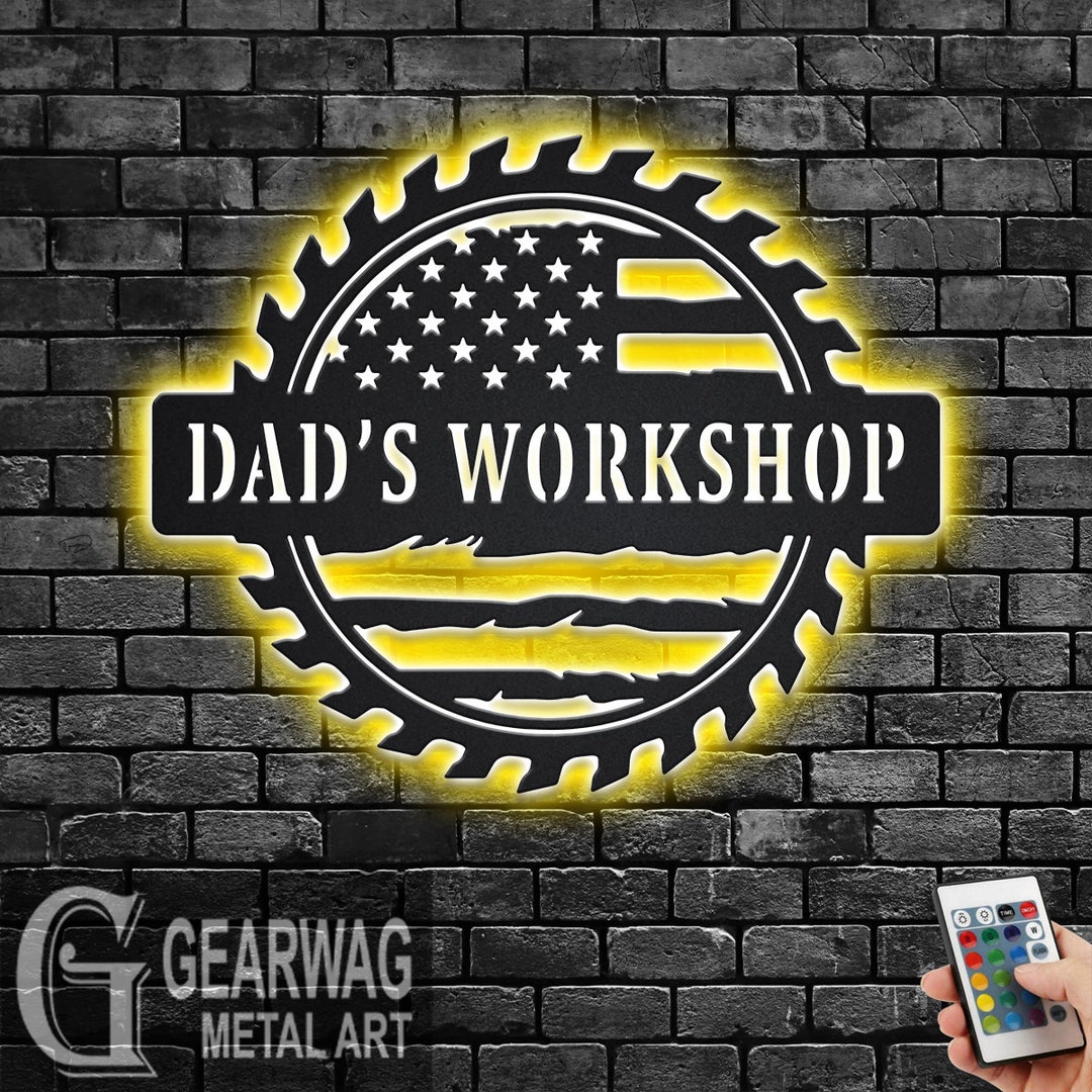 Custom US Flag Workshop Metal Wall Art With LED Light, Personalized Dad ...