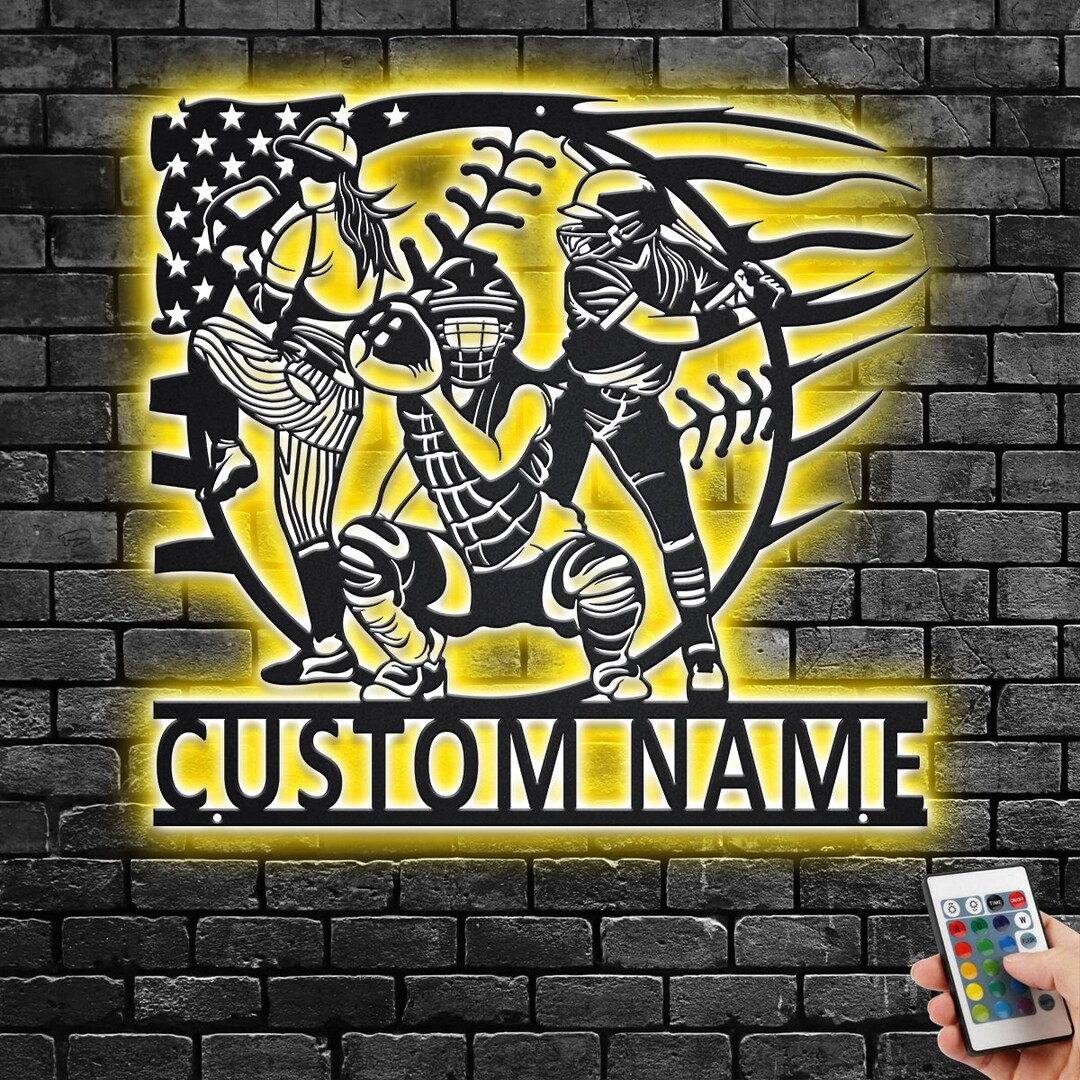 Custom US Softball Metal Wall Art With LED Light, Personalized Softball ...