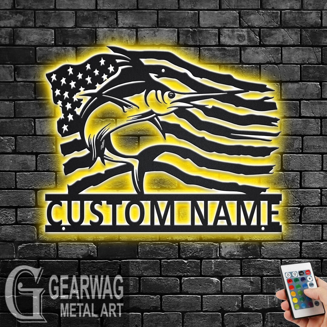 Custom US Marlin Fish Metal Wall Art With LED Light, Personalized ...