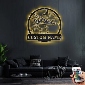 Custom Airplane Metal Wall Art With LED Light, Personalized Pilot Name ...