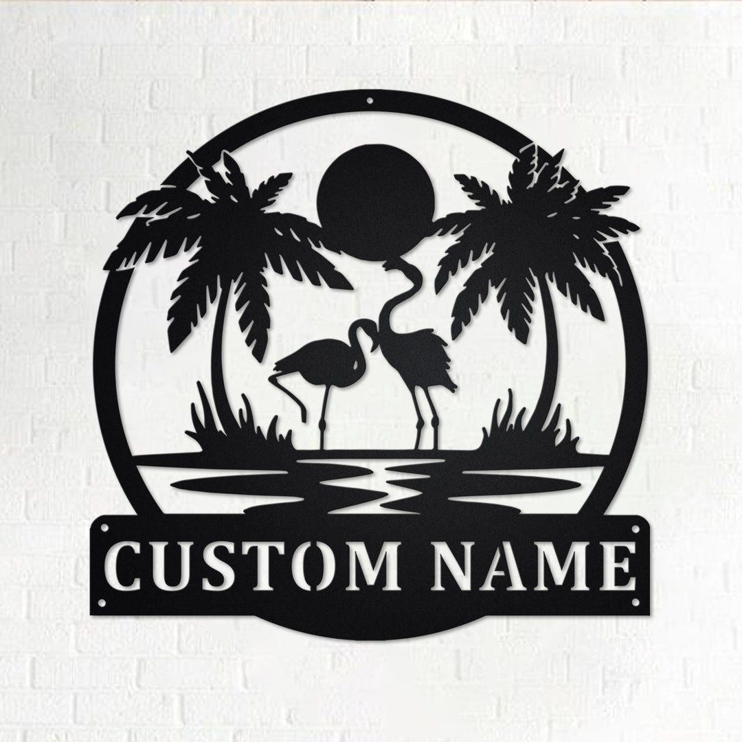 Custom Sunset Flamingo Metal Wall Art, Personalized Flamingo Name Sign ...