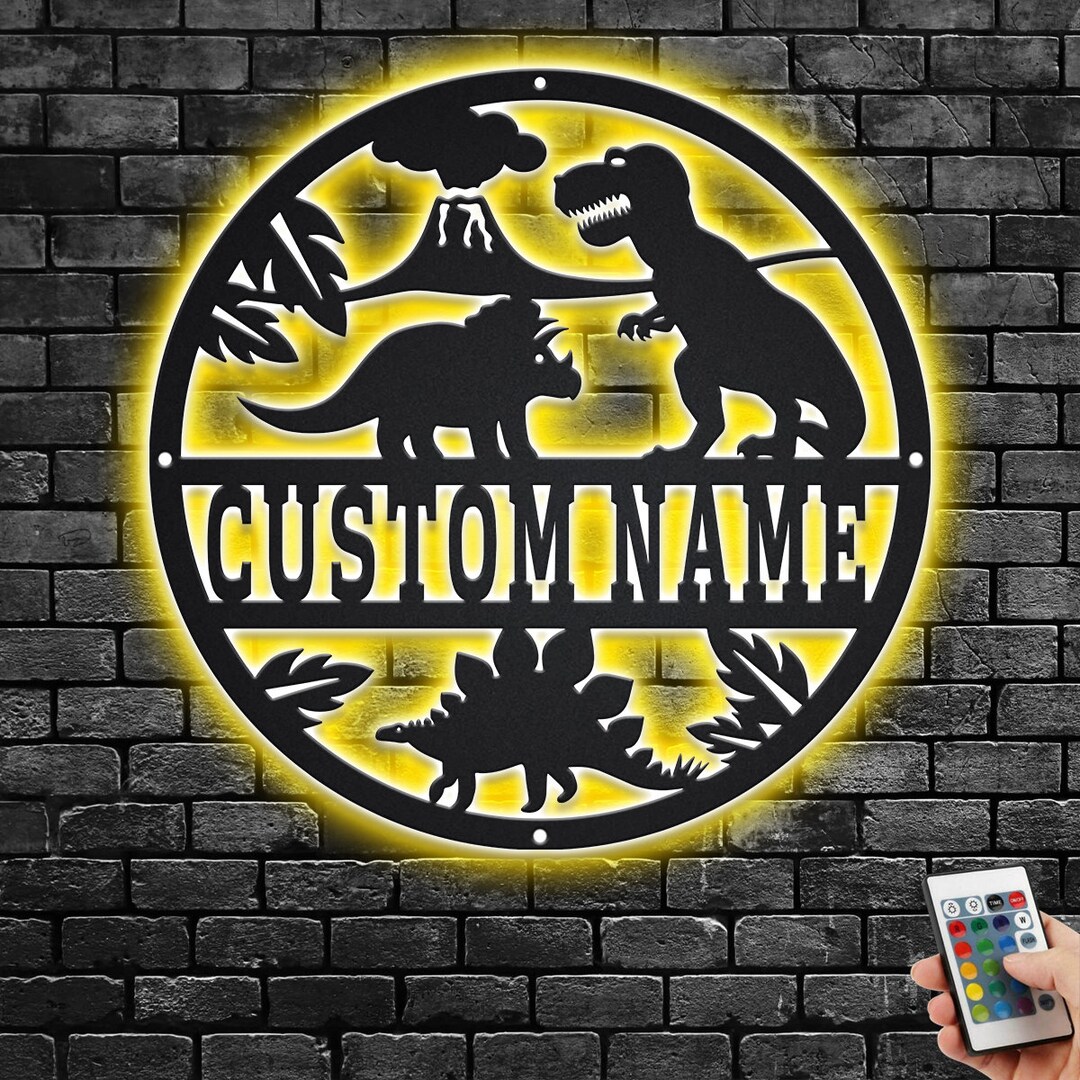 Custom Dinosaur Metal Wall Art With LED Light, Personalized Dinosaur ...