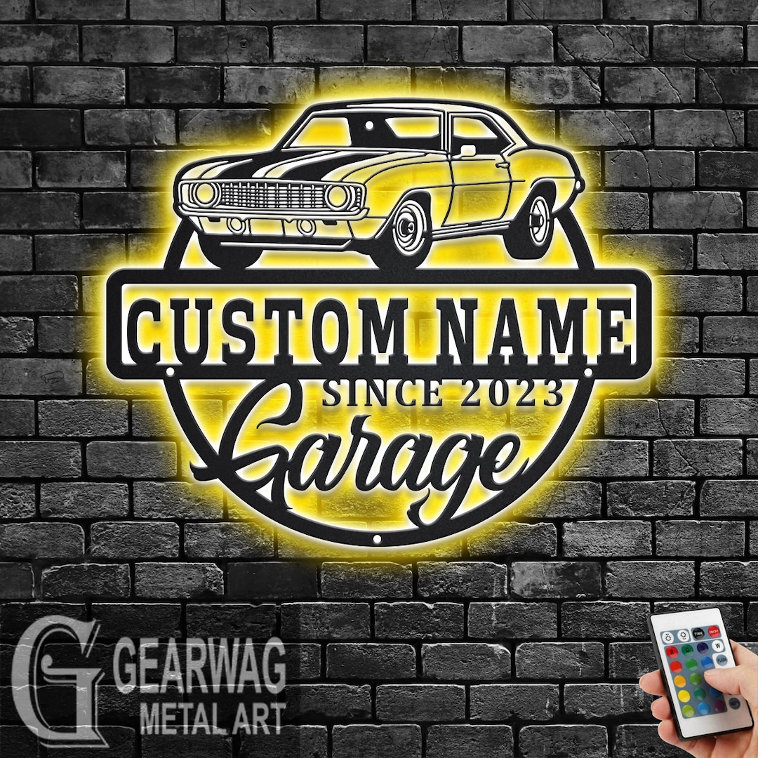 Personalized Car Garage Name Metal Sign With LED Light, Custom Garage ...