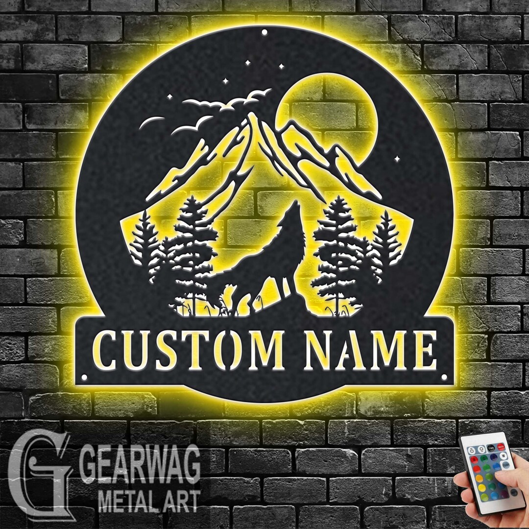 Custom Wolf Howling Metal Sign With LED Light, Personalized Wolf Name ...