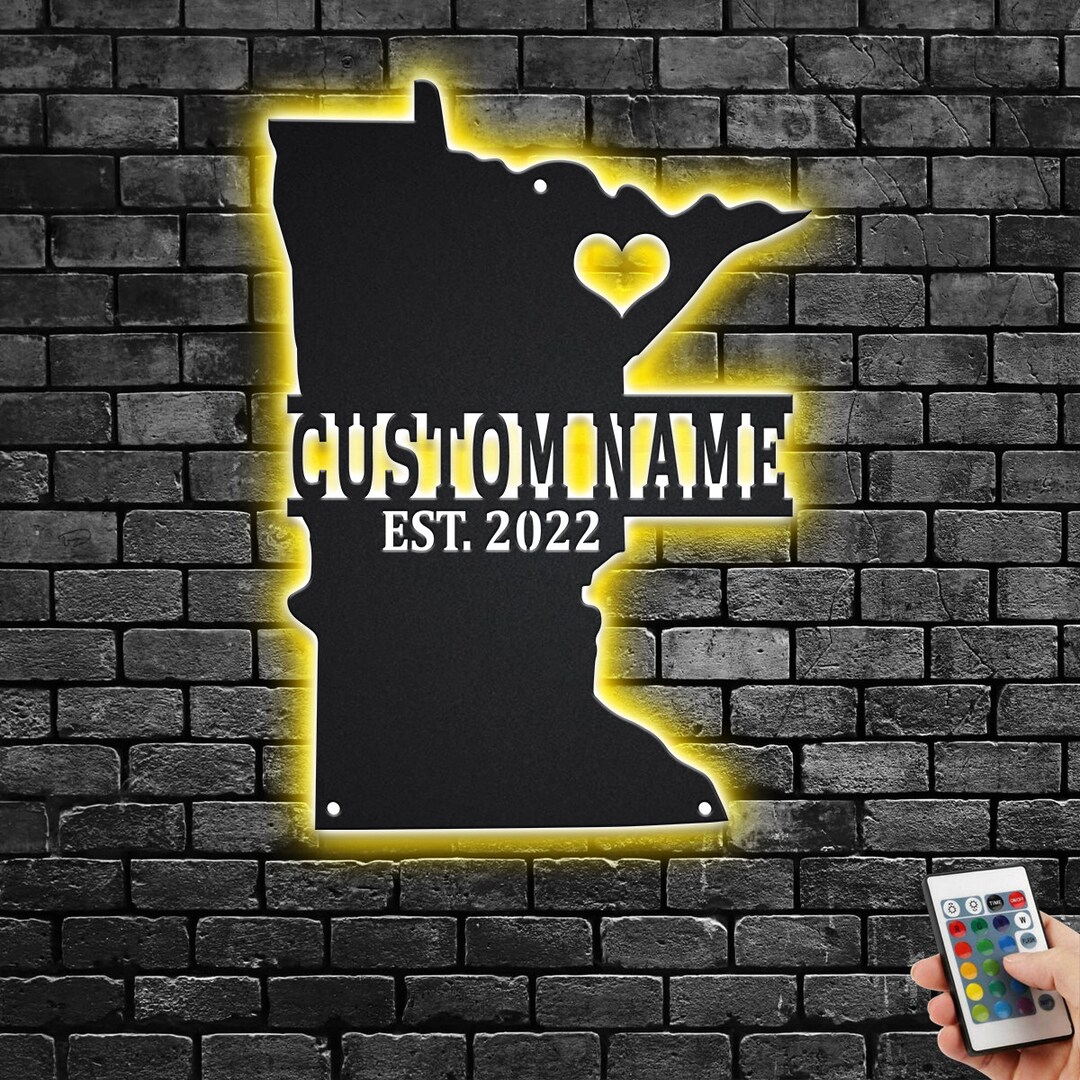 Custom Minnesota Map Metal Wall Art With Led Light, Personalized ...
