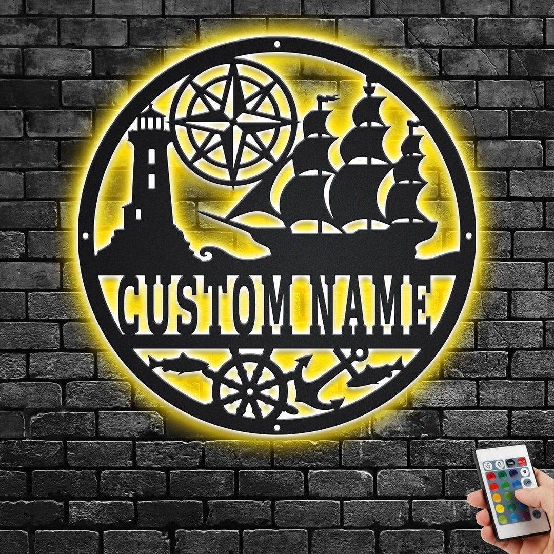 Custom Nautical Metal Wall Art With LED Lights: Personalized Name Sign ...