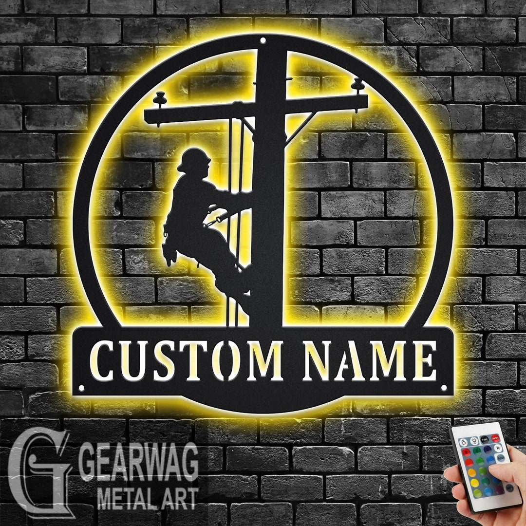 Custom Lineman Metal Wall Art With LED Light, Personalized Lineman Name ...