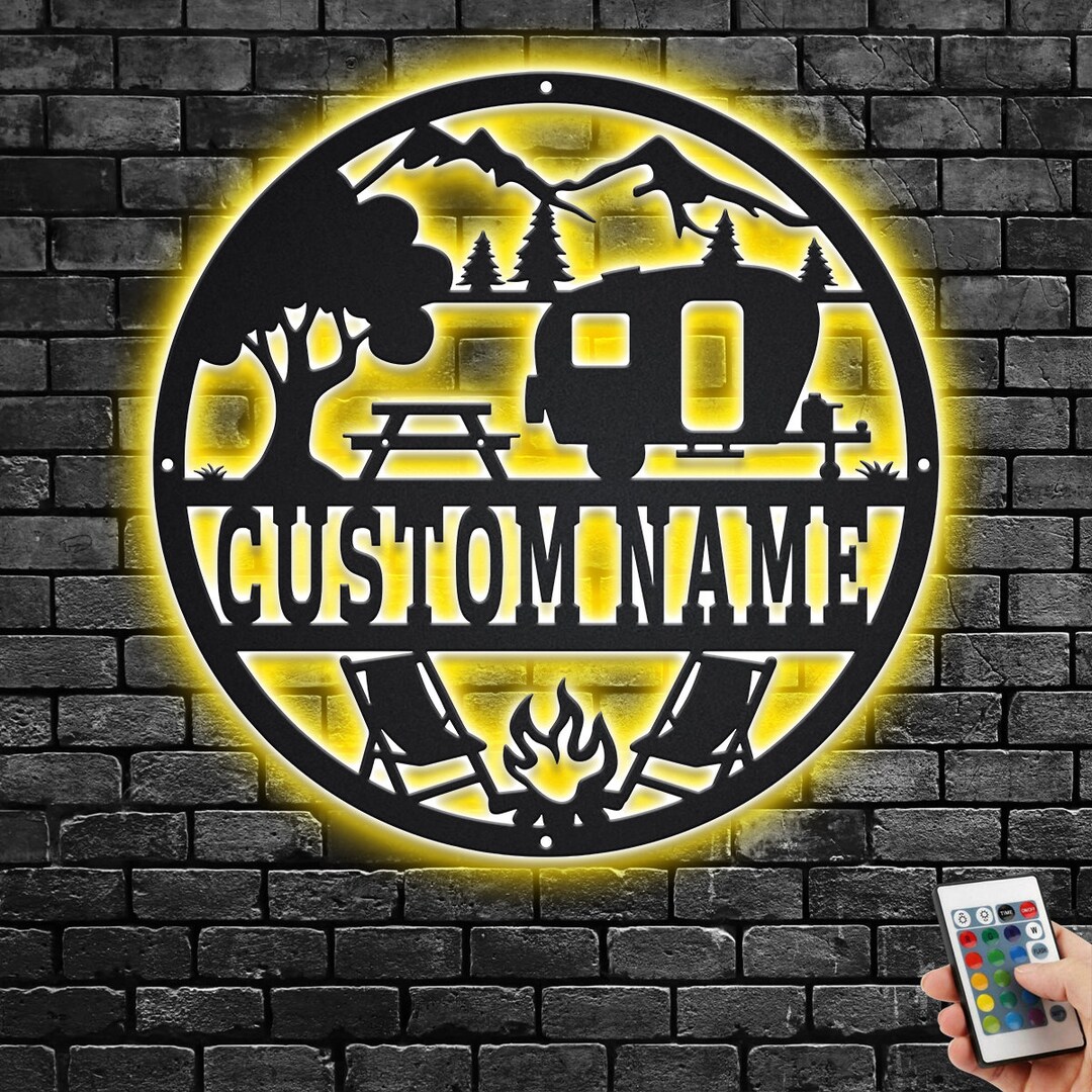 Custom Caravan Metal Wall Art With LED Light, Personalized Camper Name ...