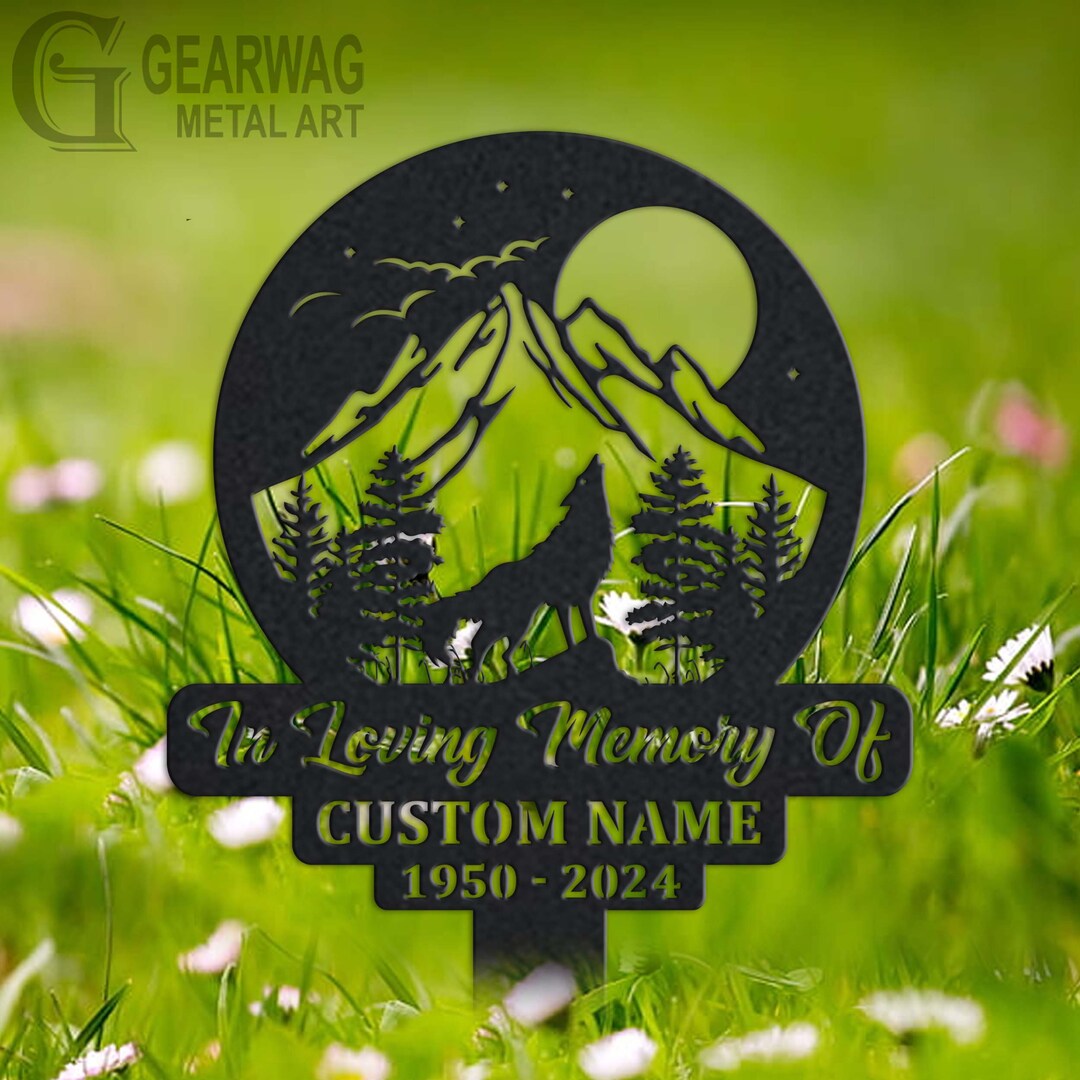 Custom Wolf Memorial Stake: Metal Sympathy Sign, Outdoor Grave Marker ...