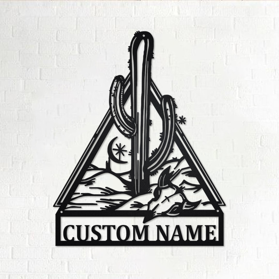 Custom Cactus With Cow Skull Metal Wall Art, Personalized Cactus Name ...
