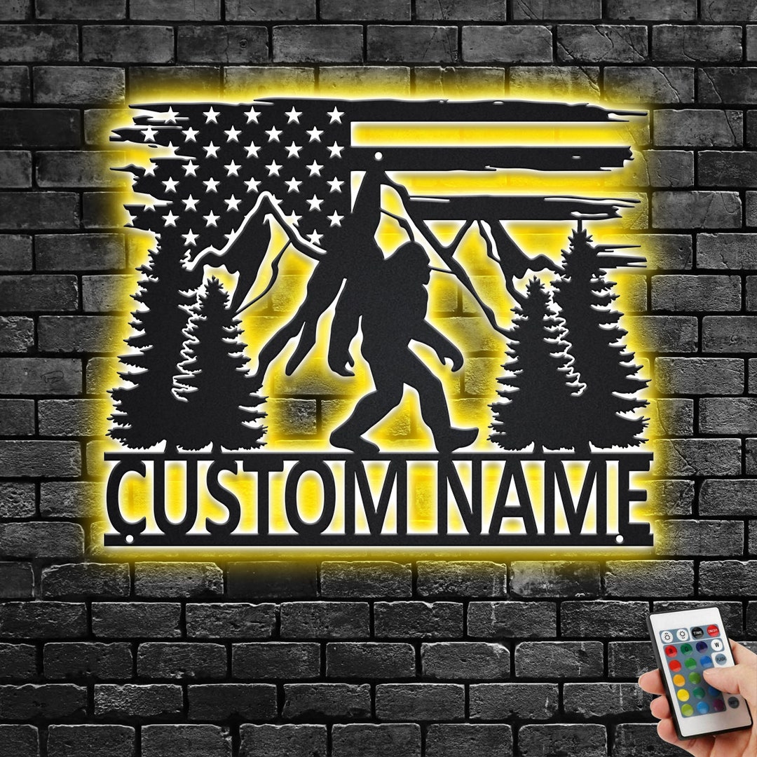 Custom US Mountain Bigfoot Metal Wall Art With LED Light, Personalized ...