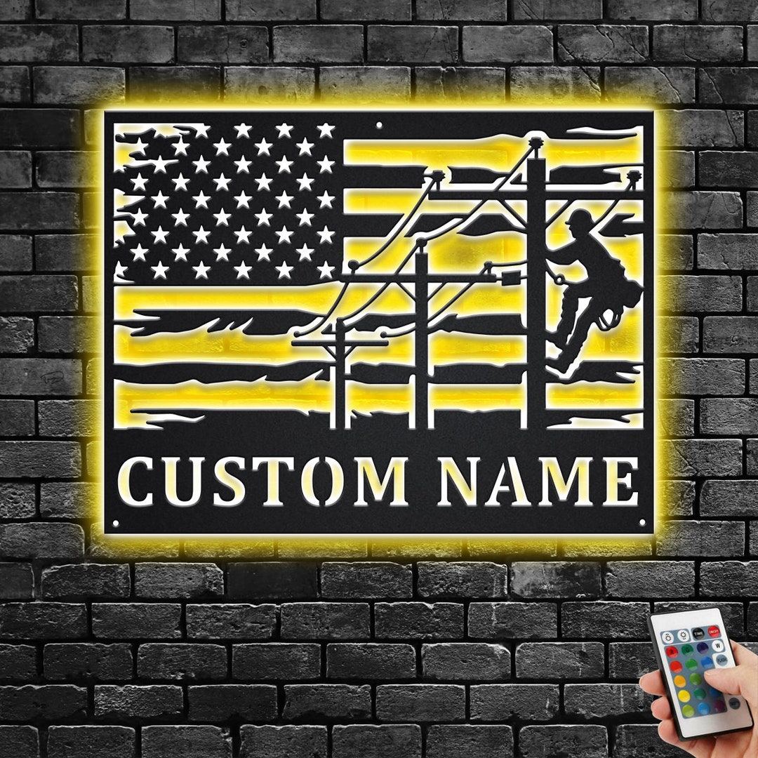 Custom Lineman USA Flag Round Metal Wall Art With LED Light ...