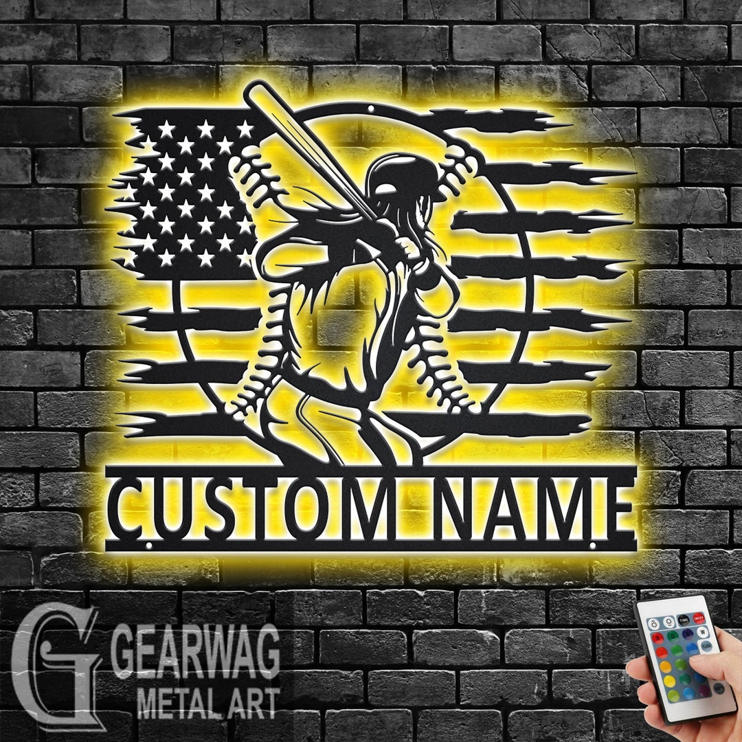 Custom US Softball Metal Wall Art With LED Light, Personalized Softball ...