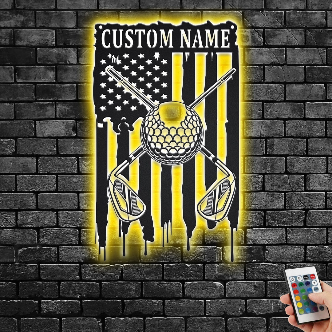 Custom US Golf Metal Wall Art With LED Light, Personalized Golfer Name ...