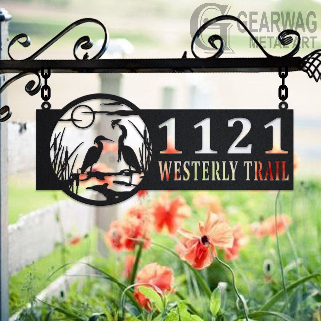 Personalized Heron Couple Metal Address Sign: Hanging House Number ...