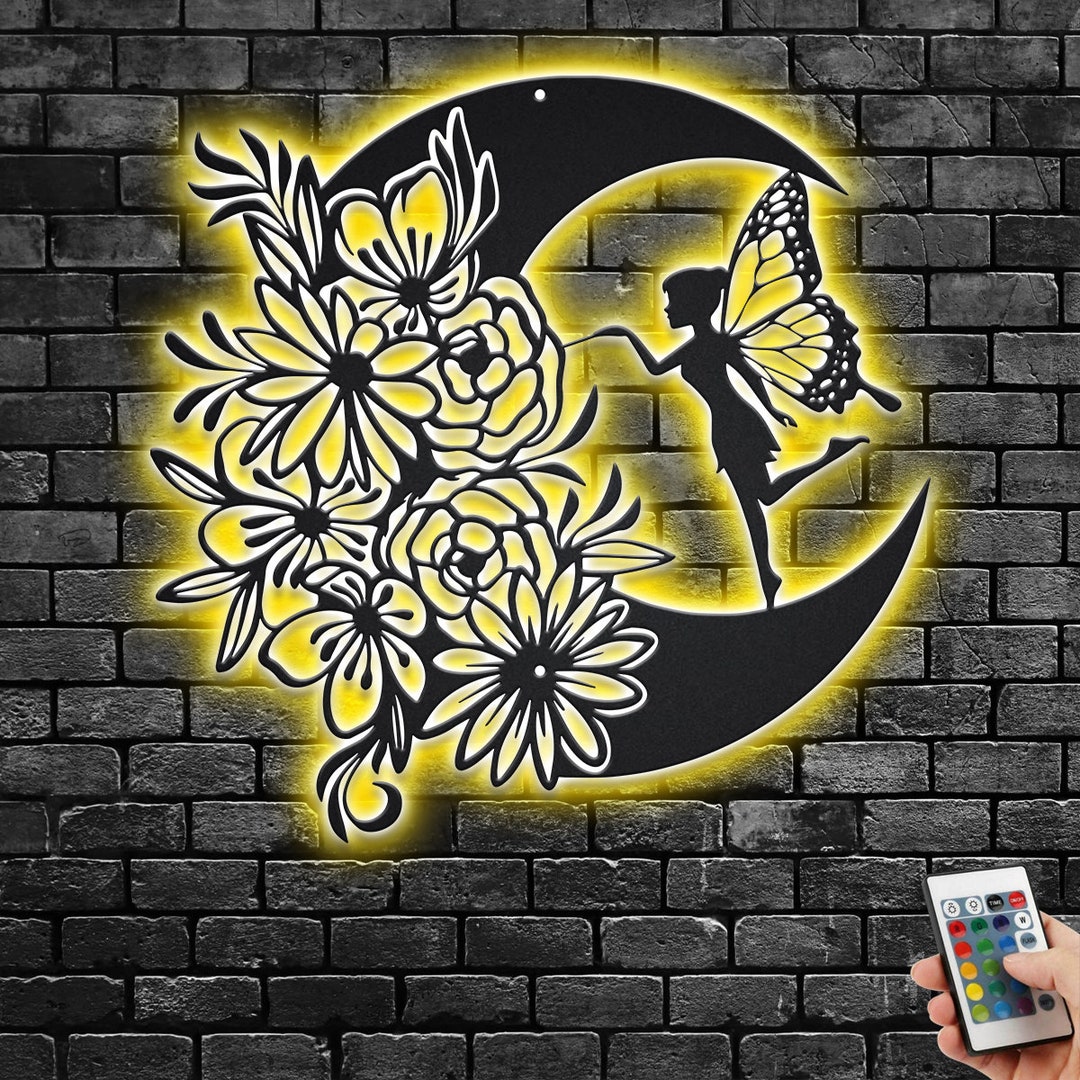 Floral Moon Fairy Metal Wall Art With LED Light, Moon Fairy Metal Sign ...