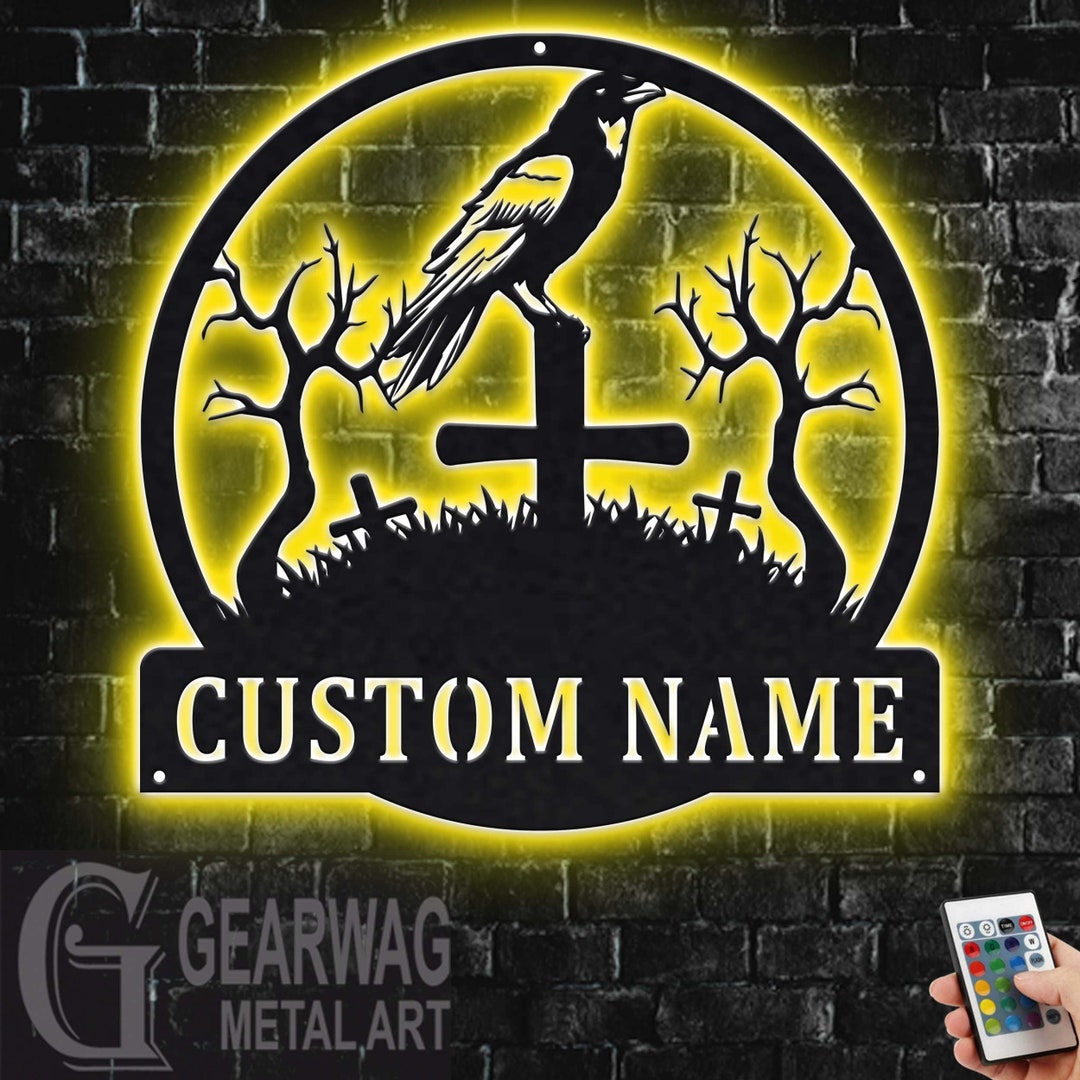 Custom Black Crow Metal Sign With LED Lights - Personalized Raven Decor ...