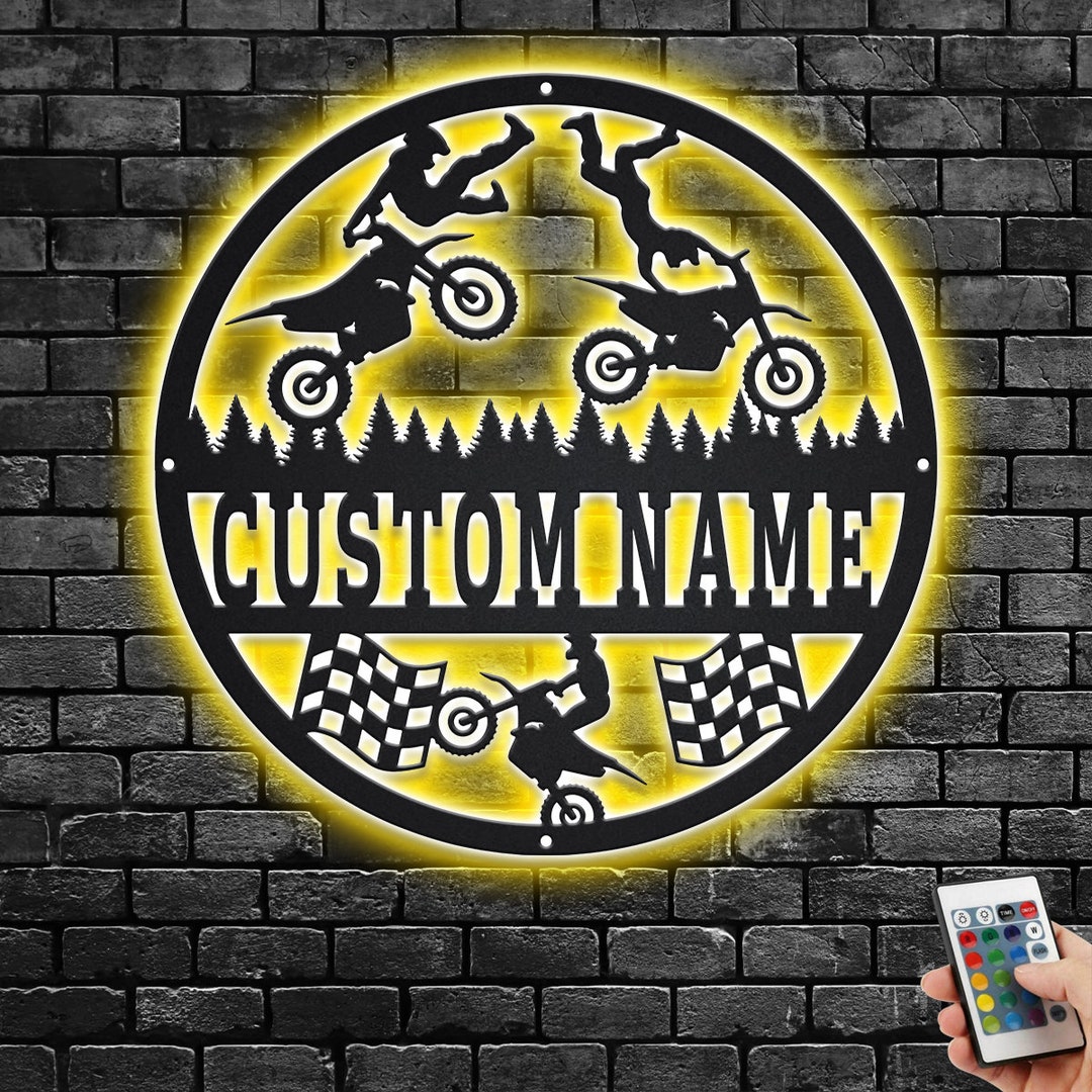 Custom Motocross Dirt Bike Metal Wall Art With LED Light, Personalized ...