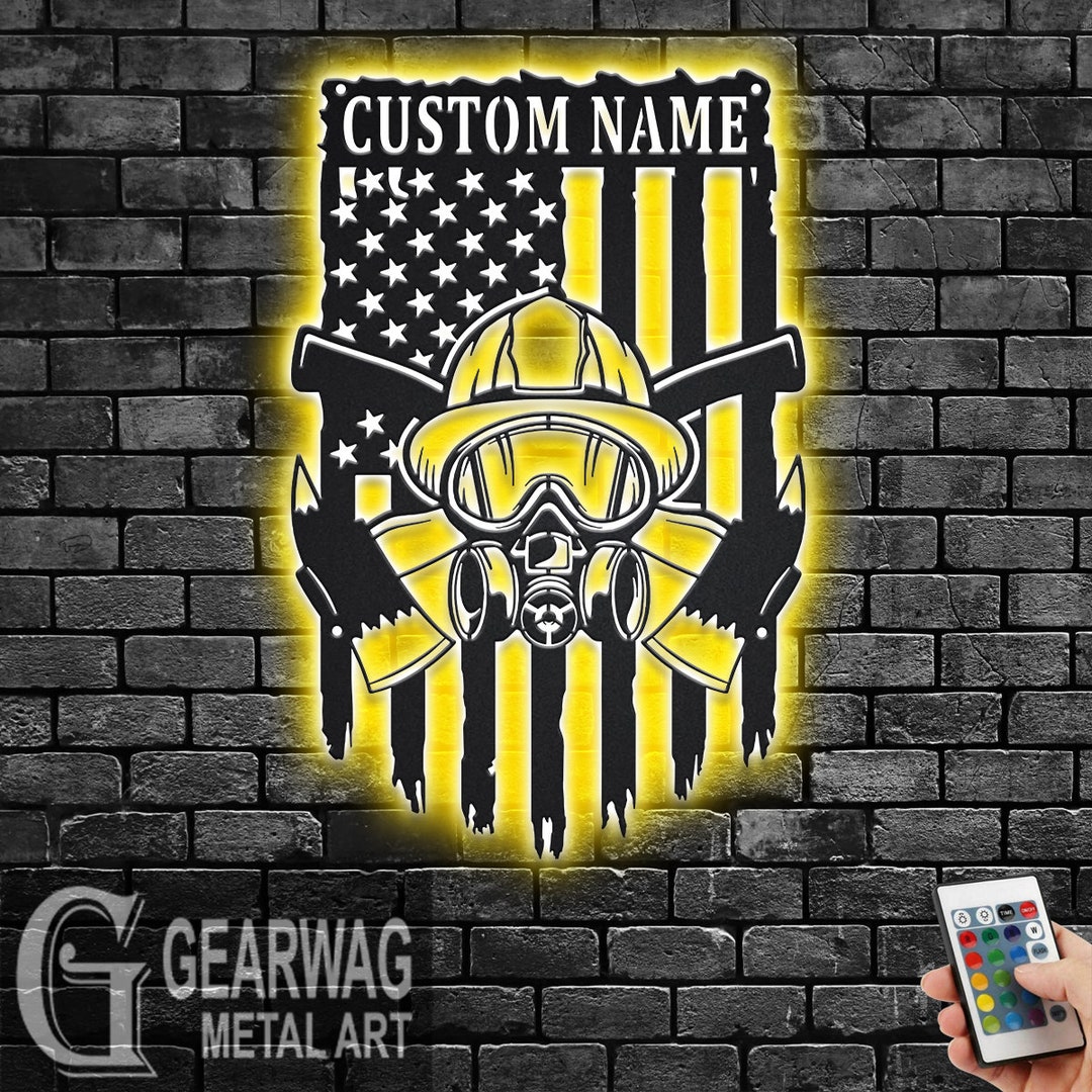 Custom US Firefighter Metal Wall Art With LED Light, Personalized ...