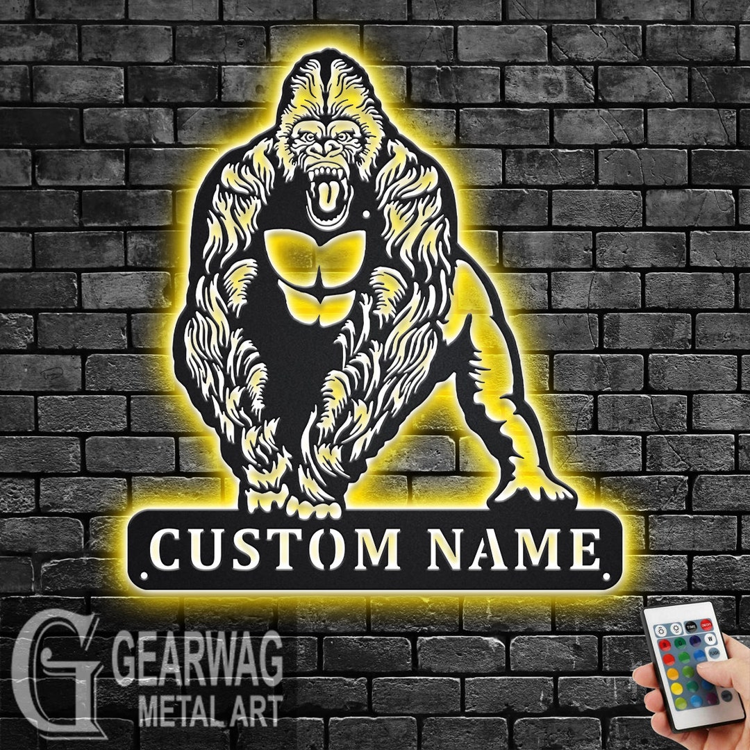 Custom Gorilla Metal Wall Art With LED Light, Personalized Gorilla Name ...