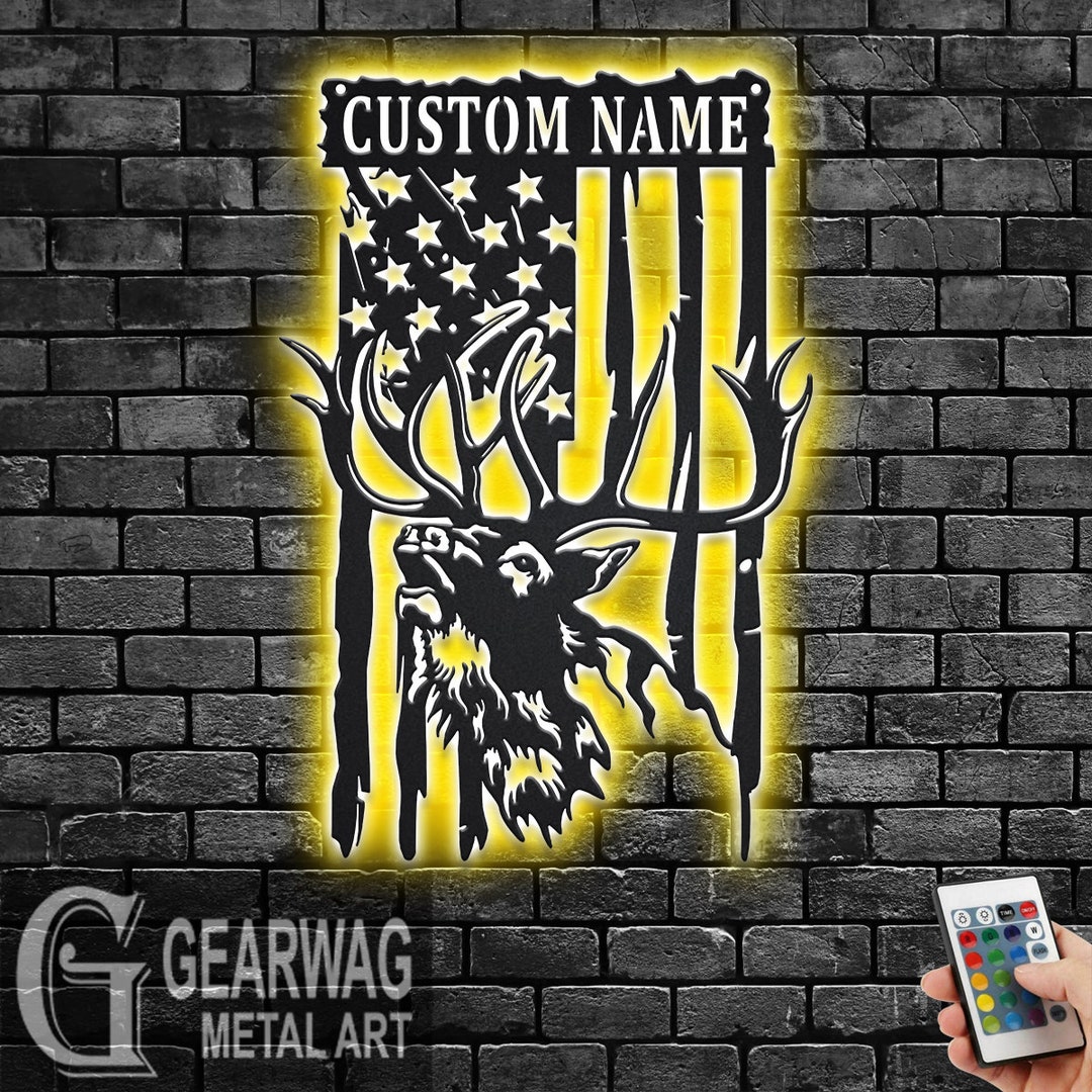Custom US Elk Metal Wall Art With LED Light, Personalized Elk Deer Name ...