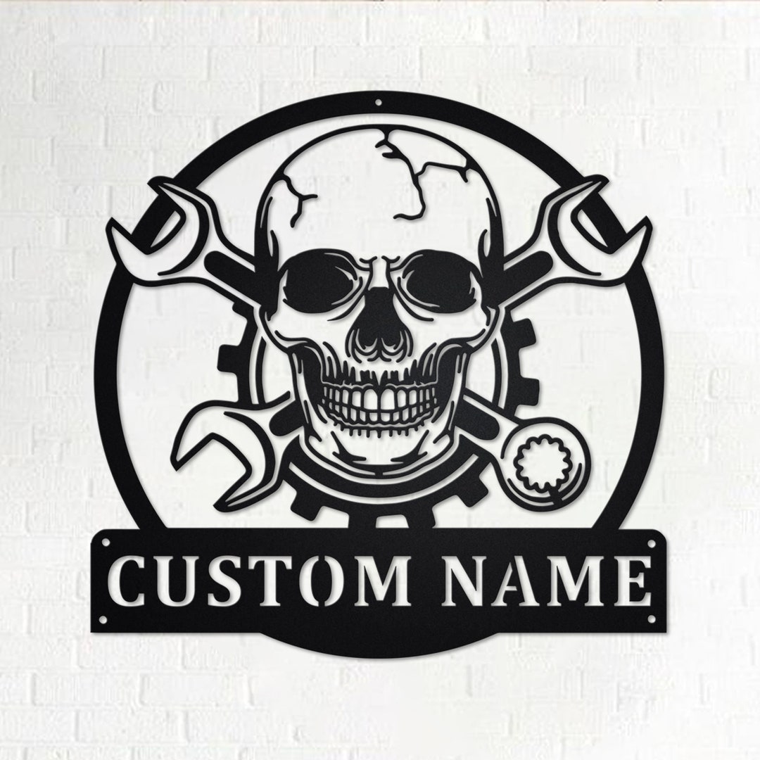 Custom Skull Mechanic Metal Wall Art, Personalized Mechanic Name Sign ...