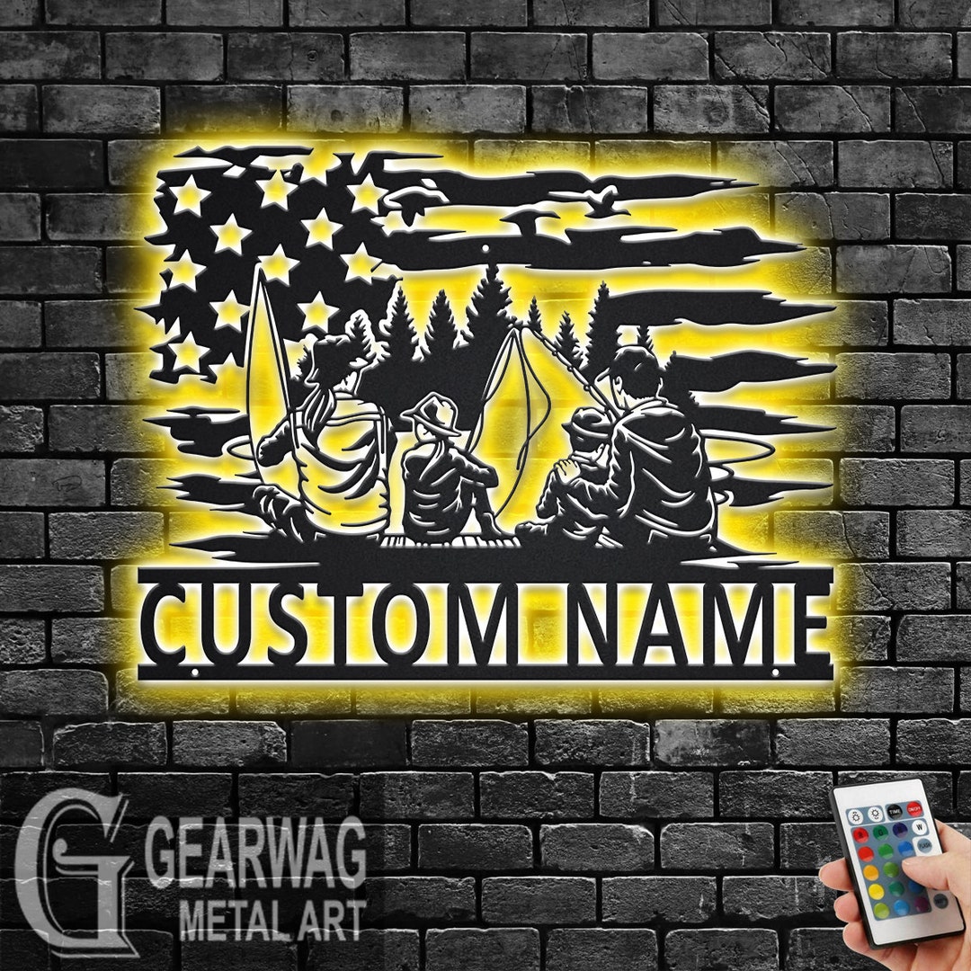 Custom US Family Fishing Metal Wall Art With LED Light, Personalized ...