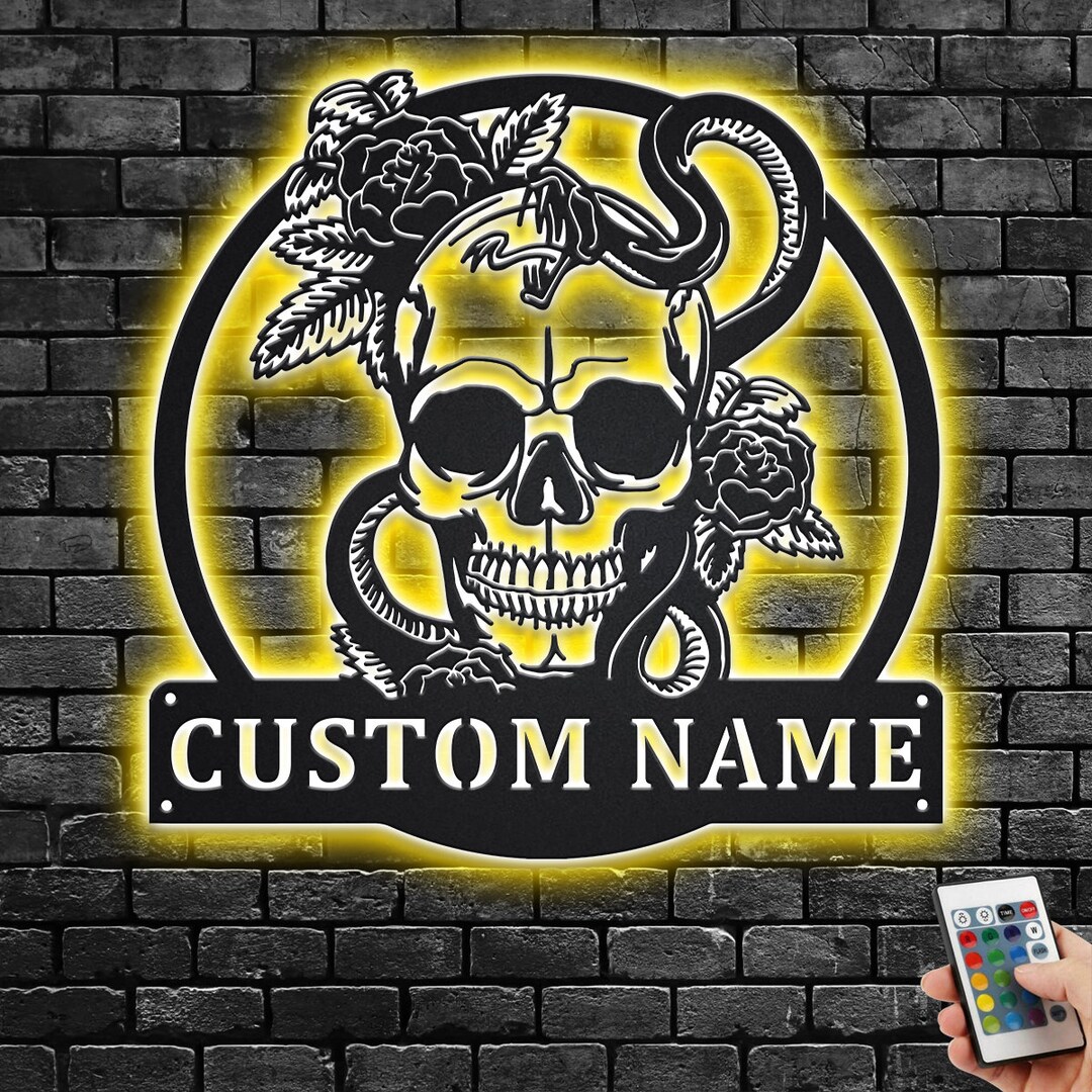 Custom Skull With Snake Metal Wall Art With LED Light, Personalized ...