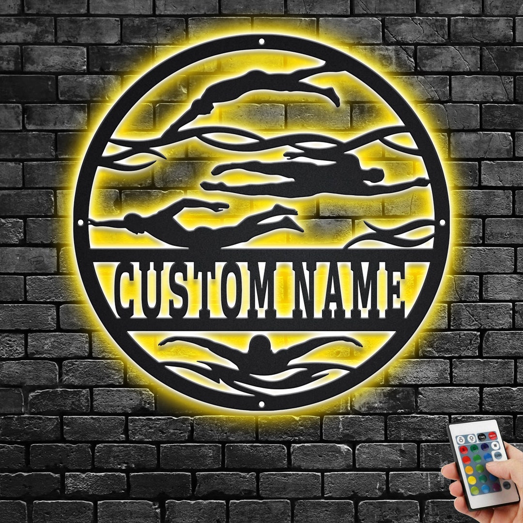 Custom Swimming Metal Wall Art With LED Light, Personalized Swimming ...