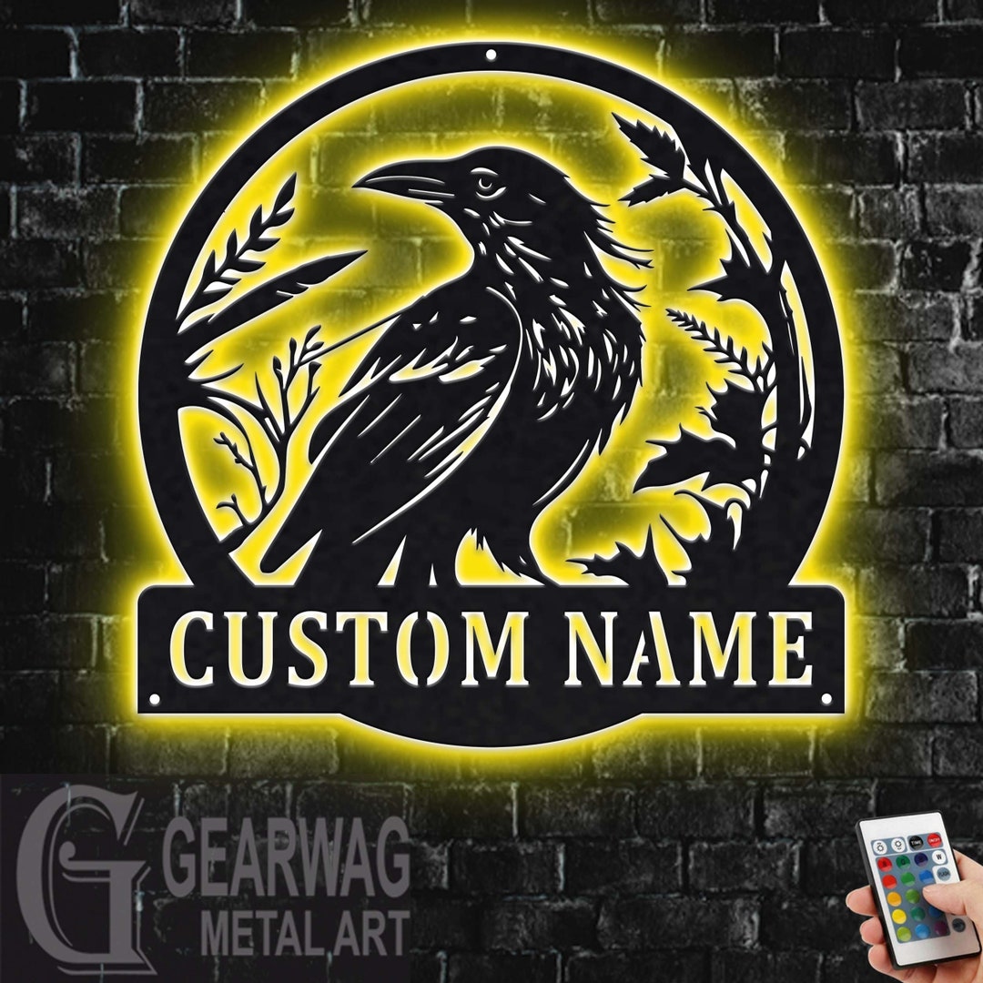 Custom Black Crow Raven Bird Metal Sign With LED Light, Personalized ...