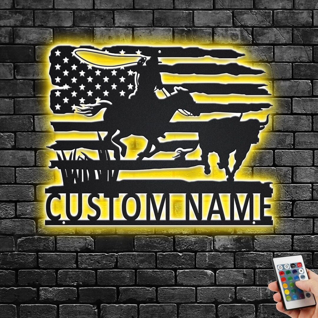 Custom US Rodeo Cowboy Metal Wall Art With LED Light, Personalized ...