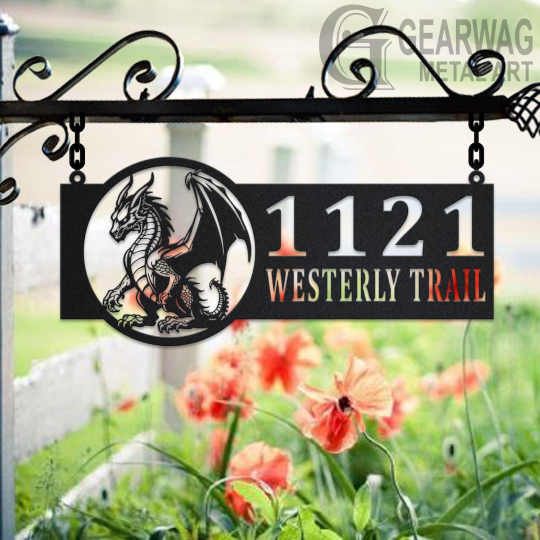 Personalized Dragon Metal Address Sign: Hanging House Number Plaque - Etsy