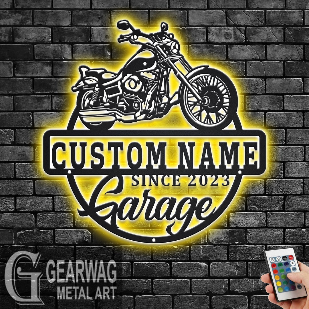 Plaque en métal personnalisée pour garage moto avec lumière LED, nom de ...