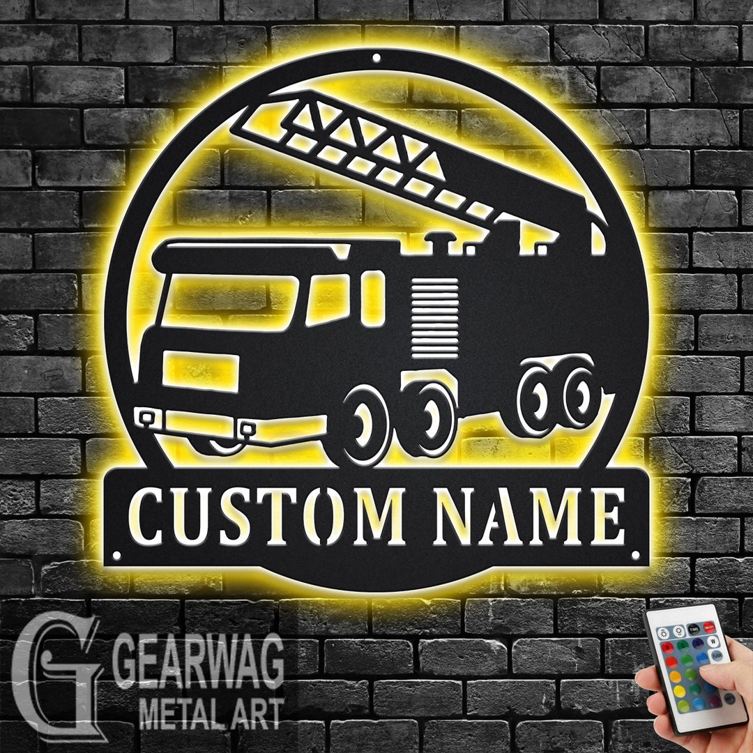 Custom Fire Truck Metal Wall Art With LED Light, Personalized Fire ...