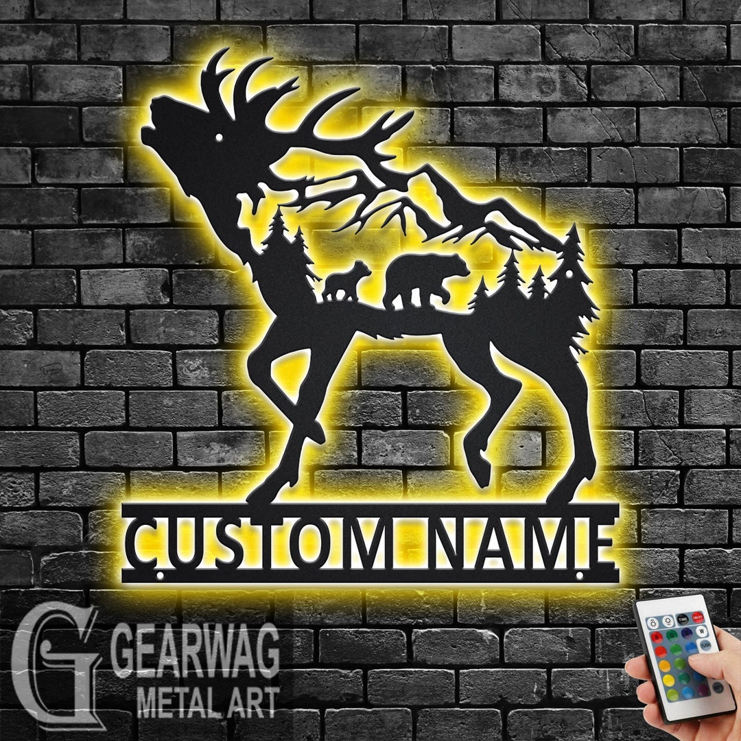 Custom Elk Metal Wall Art With LED Light, Personalized Elk Deer Name ...