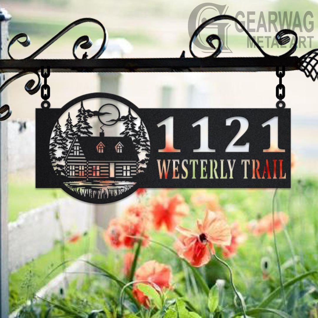 Personalized Wood Cabin Metal Address Sign House Number Hanging Address ...
