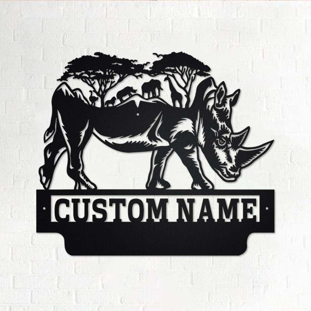 Custom Safari Rhino Metal Wall Art, Personalized Rhino Name Sign ...