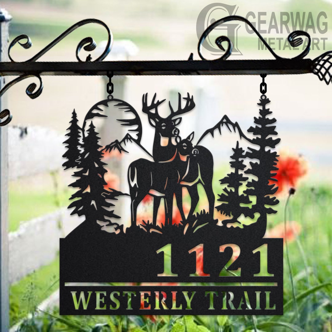 Custom Couple Deer Mountains Metal Address Sign House Number Hanging ...