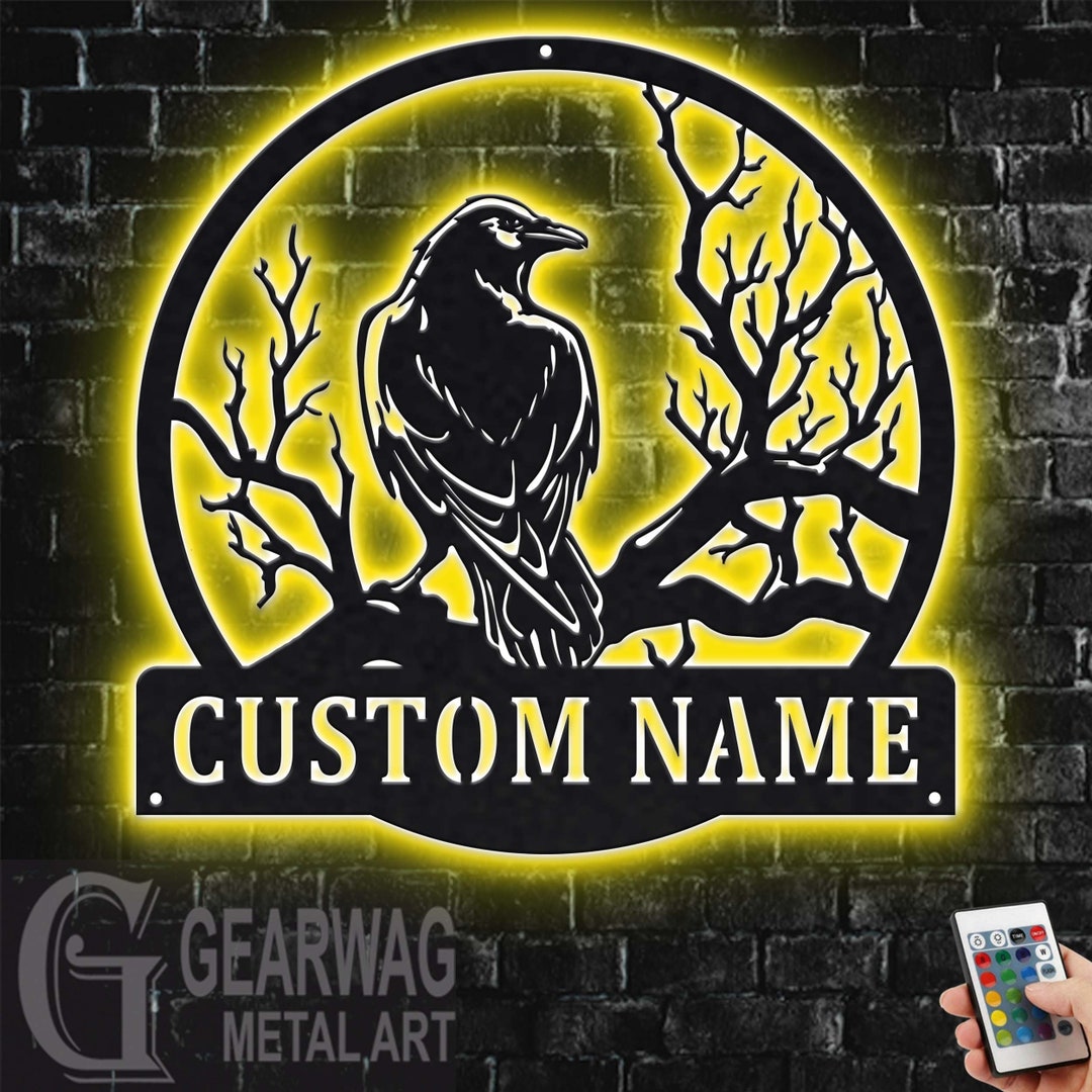 Custom Black Crow Raven Bird Metal Sign With LED Light, Personalized ...