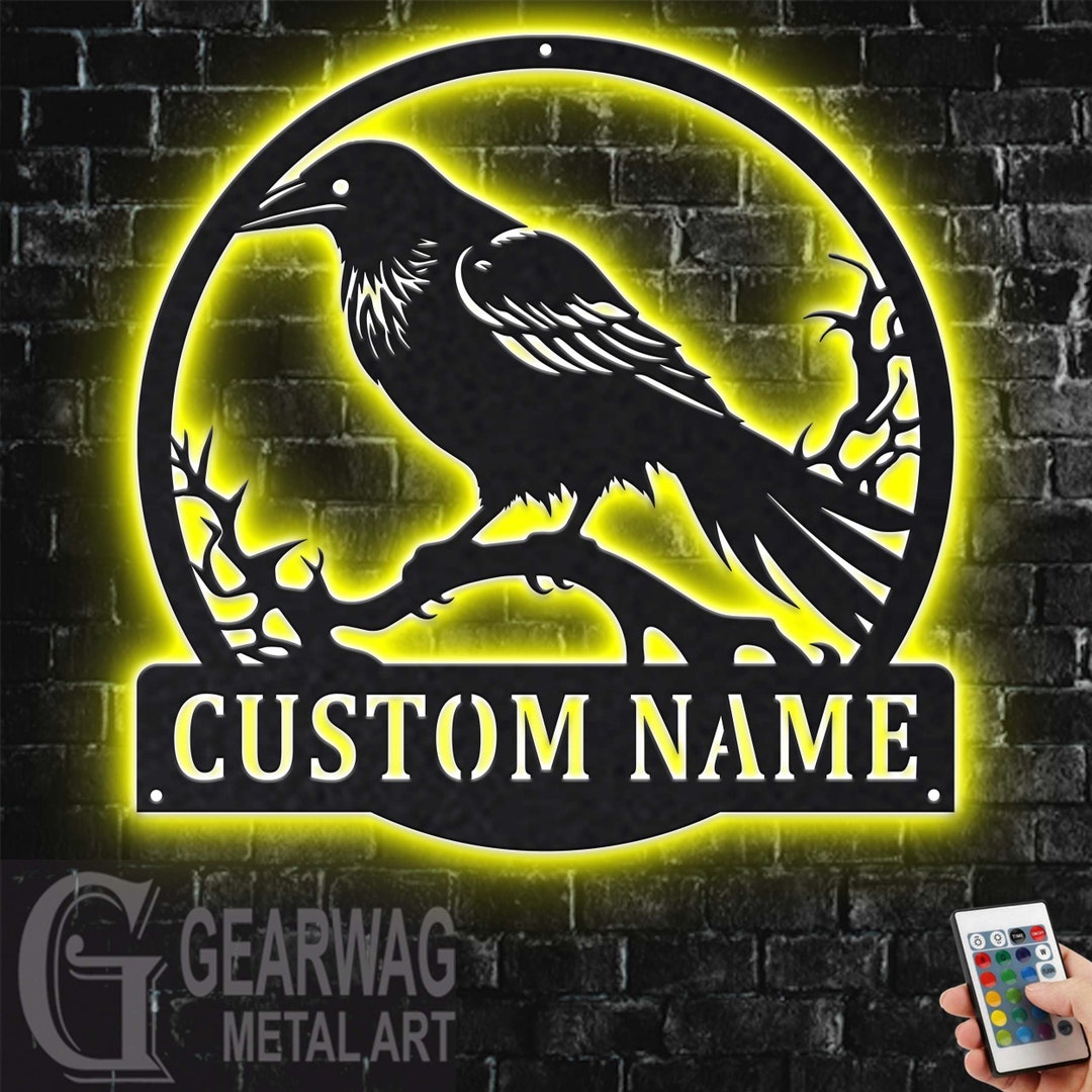 Custom Black Crow Metal Sign With LED Lights - Personalized Raven Decor ...