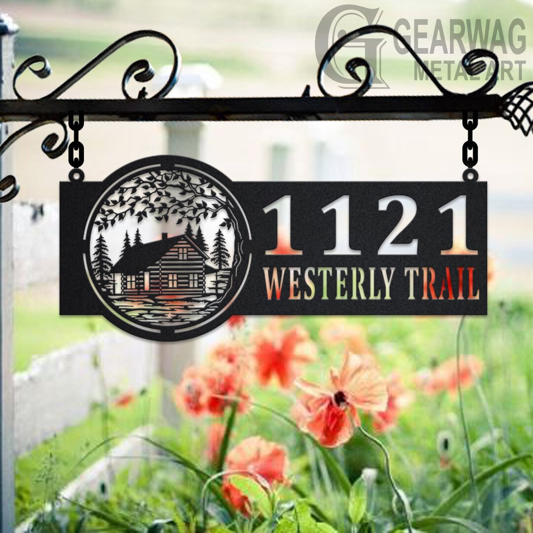 Personalized Metal Cabin Address Sign: Hanging House Number Plaque - Etsy