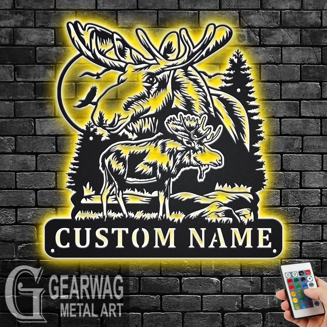 Custom Moose Metal Wall Art With LED Light, Personalized Moose Hunter ...