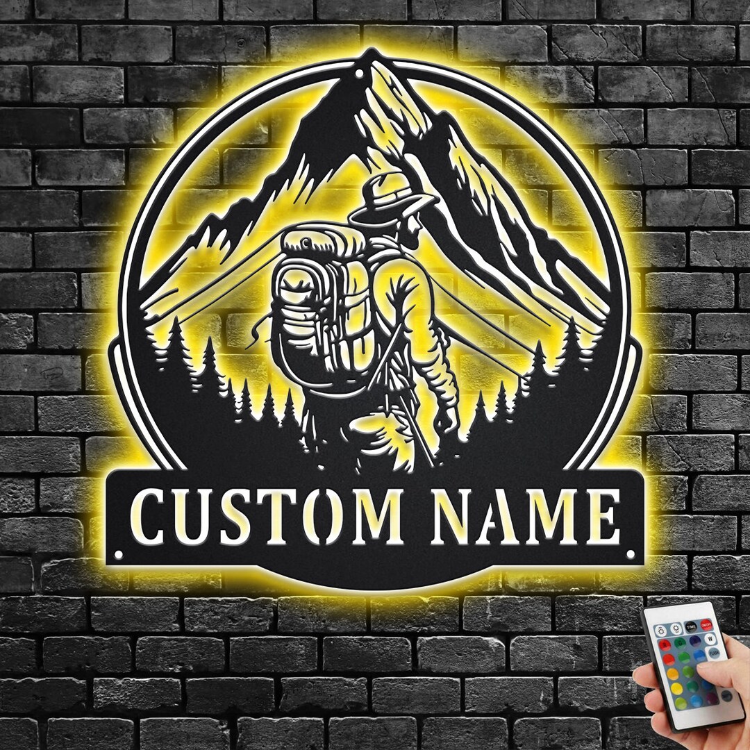 Custom Hiking Metal Wall Art With LED Light, Personalized Hiker Name ...