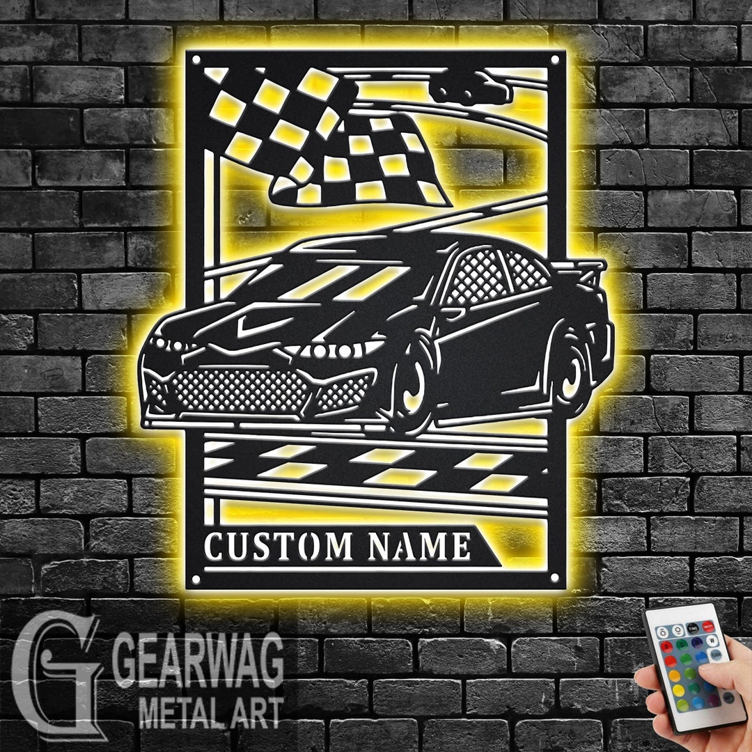 Custom Car Racing Signage Metal Wall Art With LED Light, Personalized ...