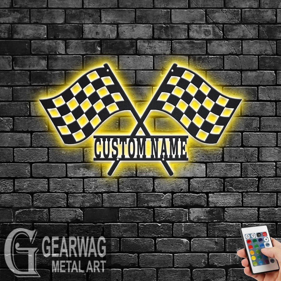 Custom Racing Flag Metal Wall Art With LED Light, Personalized Racer ...