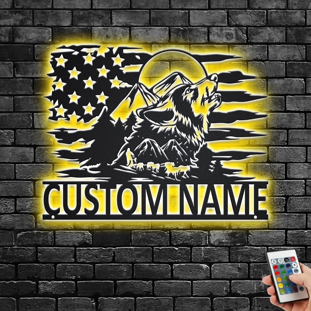 Custom US Howling Wolf Metal Wall Art With LED Light, Personalized Wolf ...