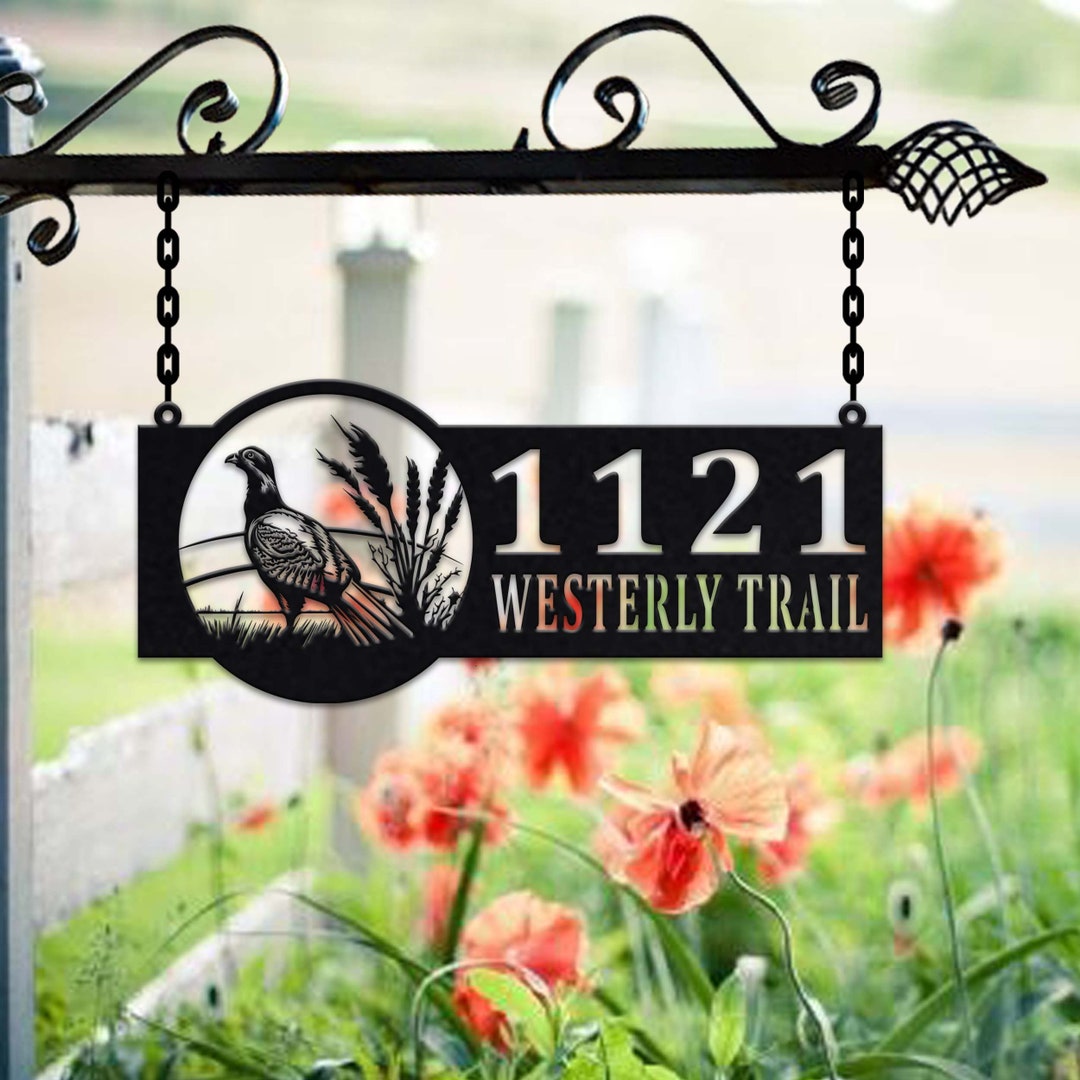 Personalized Pheasant Metal Address Sign: Hanging House Number Plaque ...