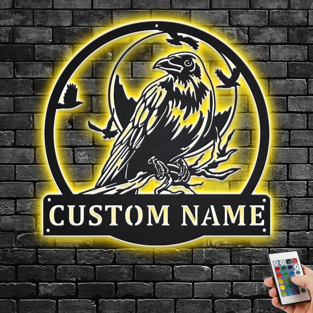 Custom Raven Bird Metal Wall Art With LED Light, Personalized Raven ...